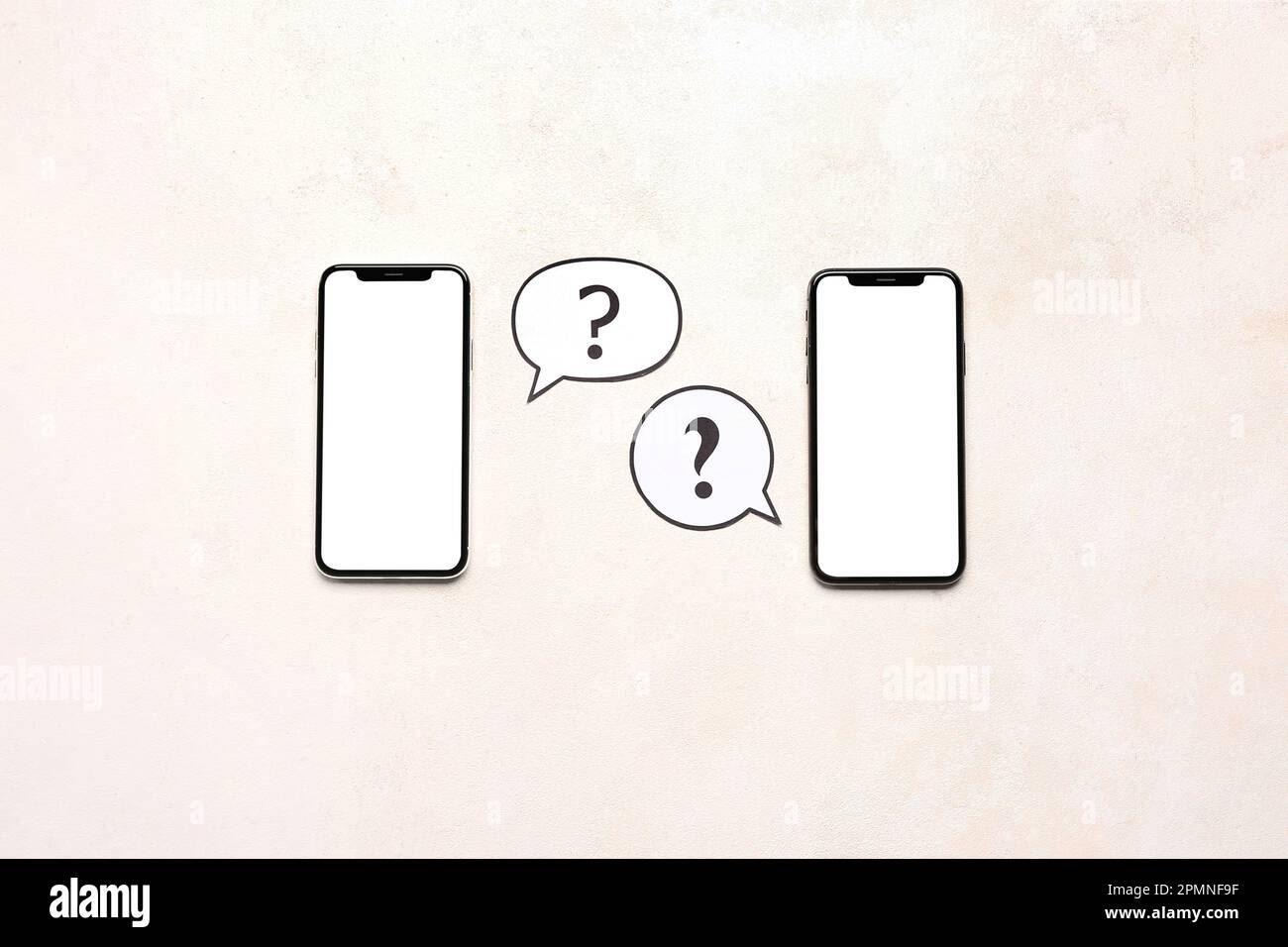 Speech bubbles with question marks and mobile phones on white ...