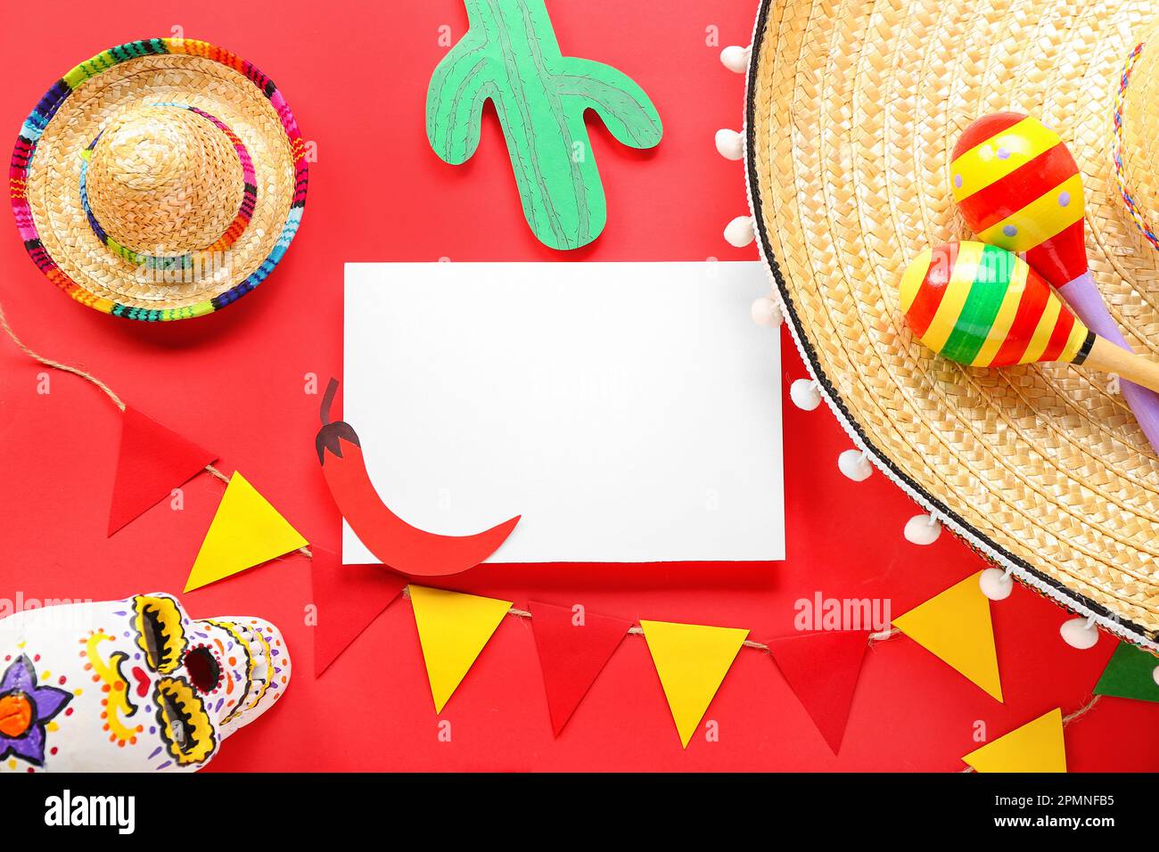 Blank card with Mexican symbols and flags on red background Stock Photo ...