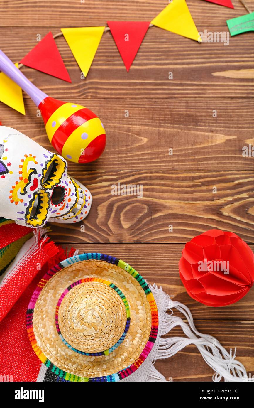 Frame made of Mexican symbols and flags on wooden background Stock ...