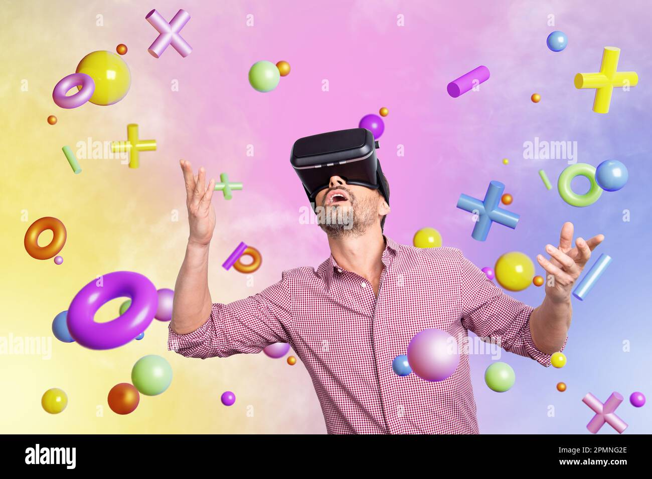 Futuristic poster banner collage of shocked guy catch falling floating ...