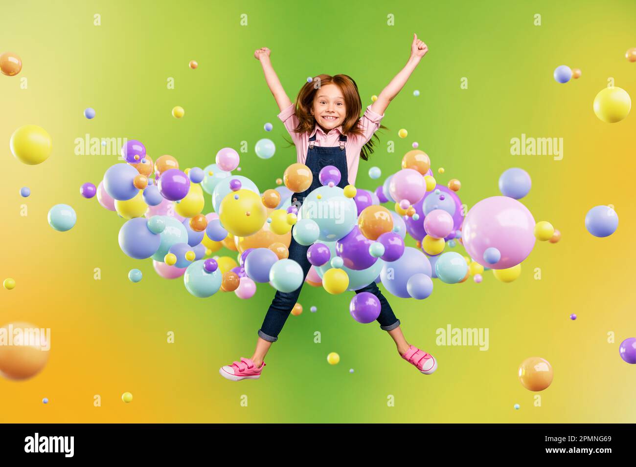 3d poster banner collage of funky kid girl in metaverse reality playing ...