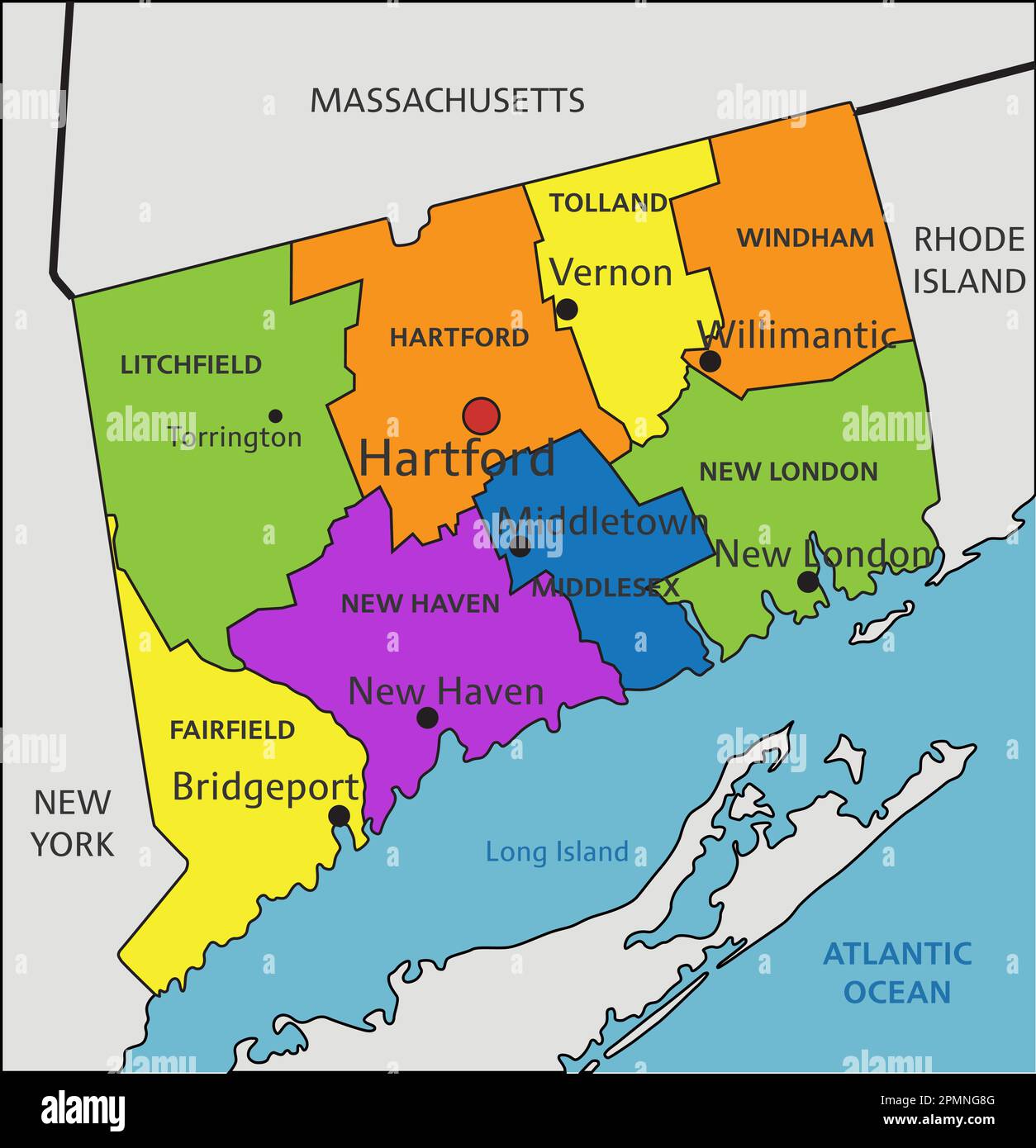 Colorful Connecticut political map with clearly labeled, separated ...