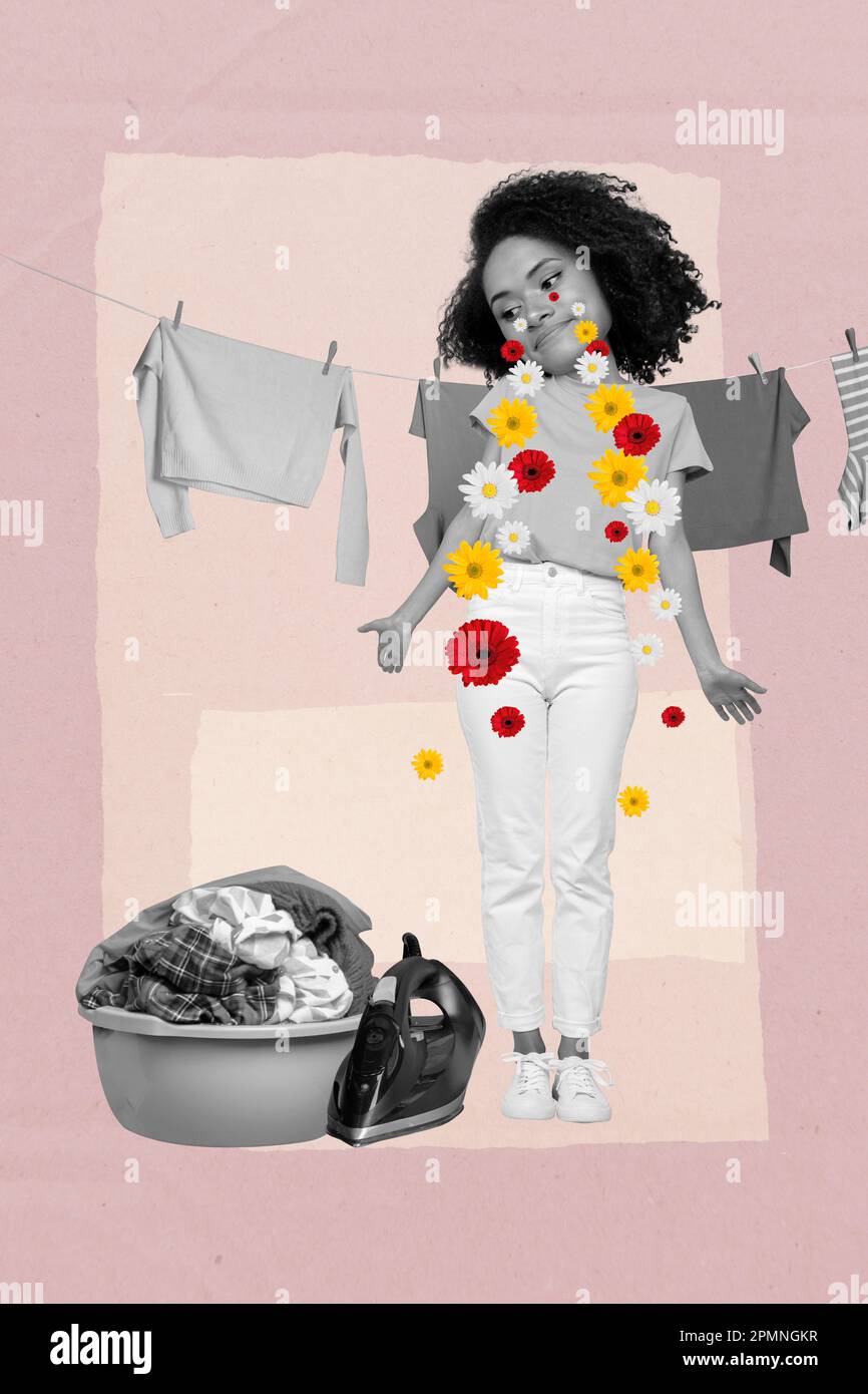 Collage of young funny girl upset shrug shoulders misunderstanding how ...