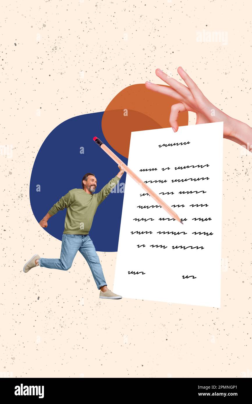 Vertical photo collage interview mature man hold pen writing his first ...