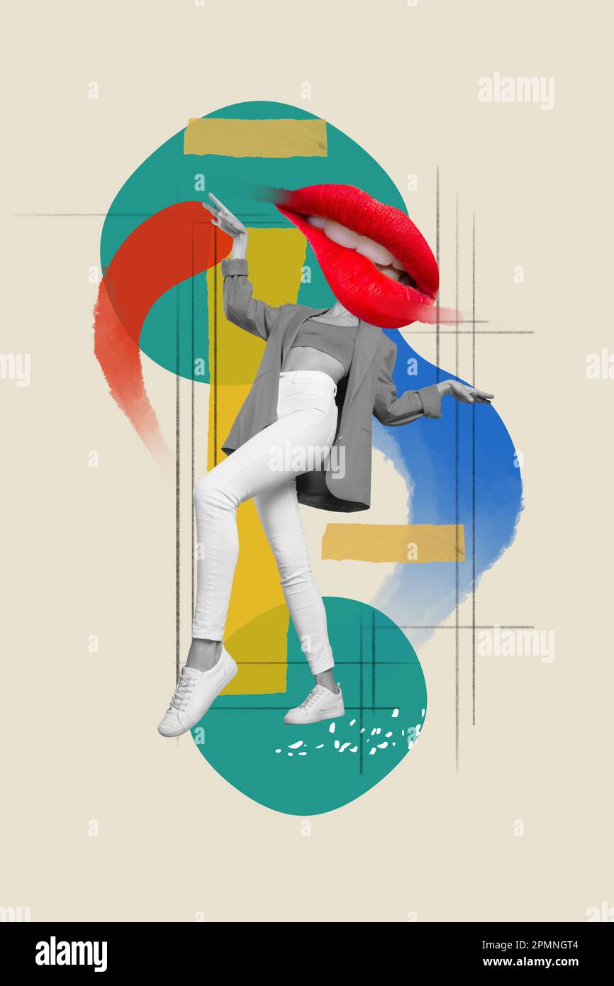 Vertical photo collage of headless absurd caricature tempting girl bite ...