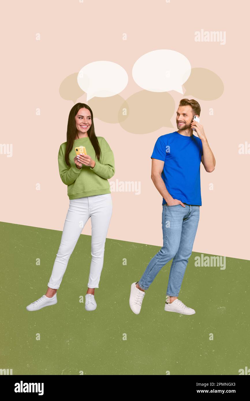 Vertical collage of two young couple friends girl speaking calling her ...