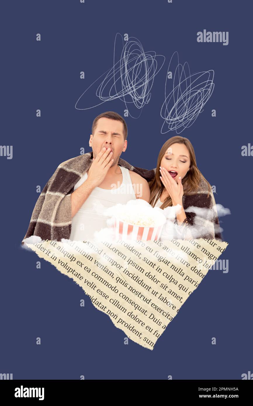 Vertical collage picture of two bored tired people yawning hold pop ...