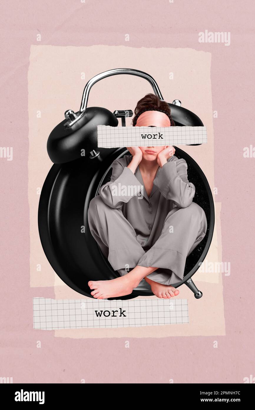 Creative photo collage of young sad girl worker dont like wakeup ...