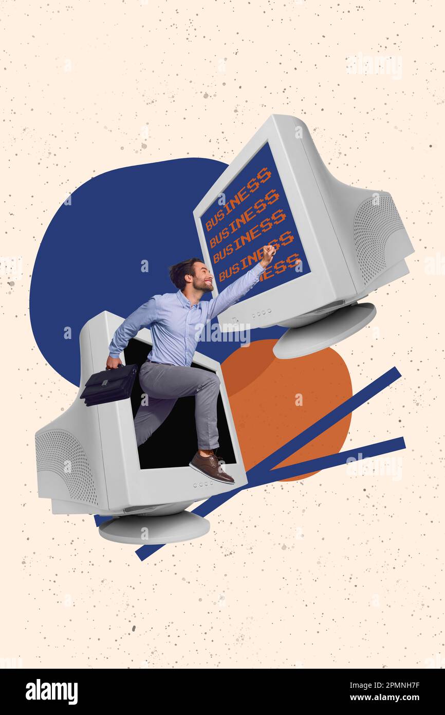 Vertical collage image of mini positive business guy jump through pc ...
