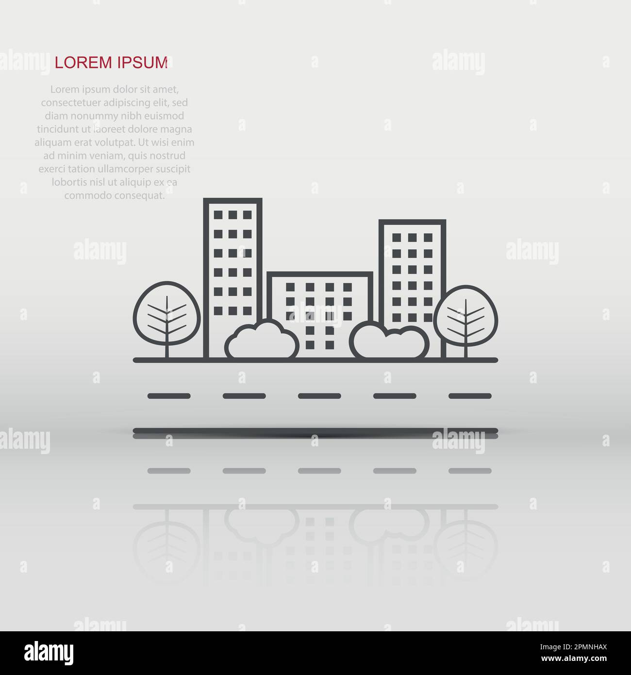 Vector city illustration in flat style. Building, tree and shrub on ...