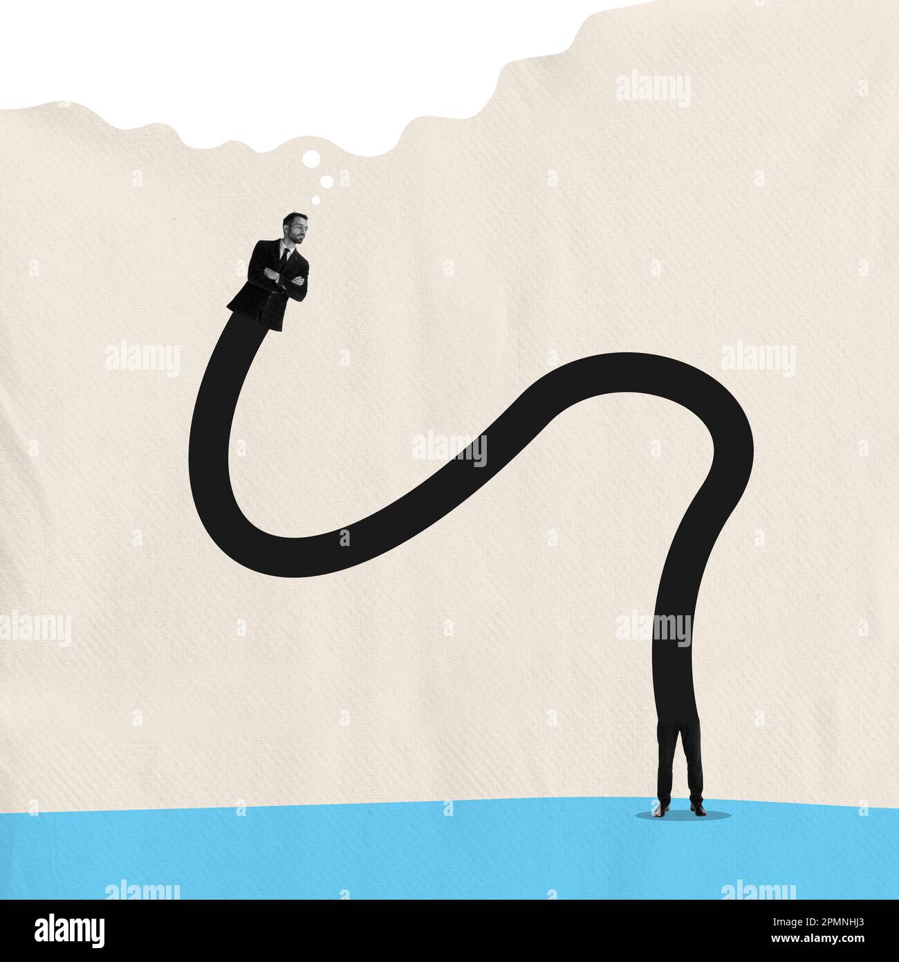 Contemporary artwork of pensive business man with unusual body shape ...