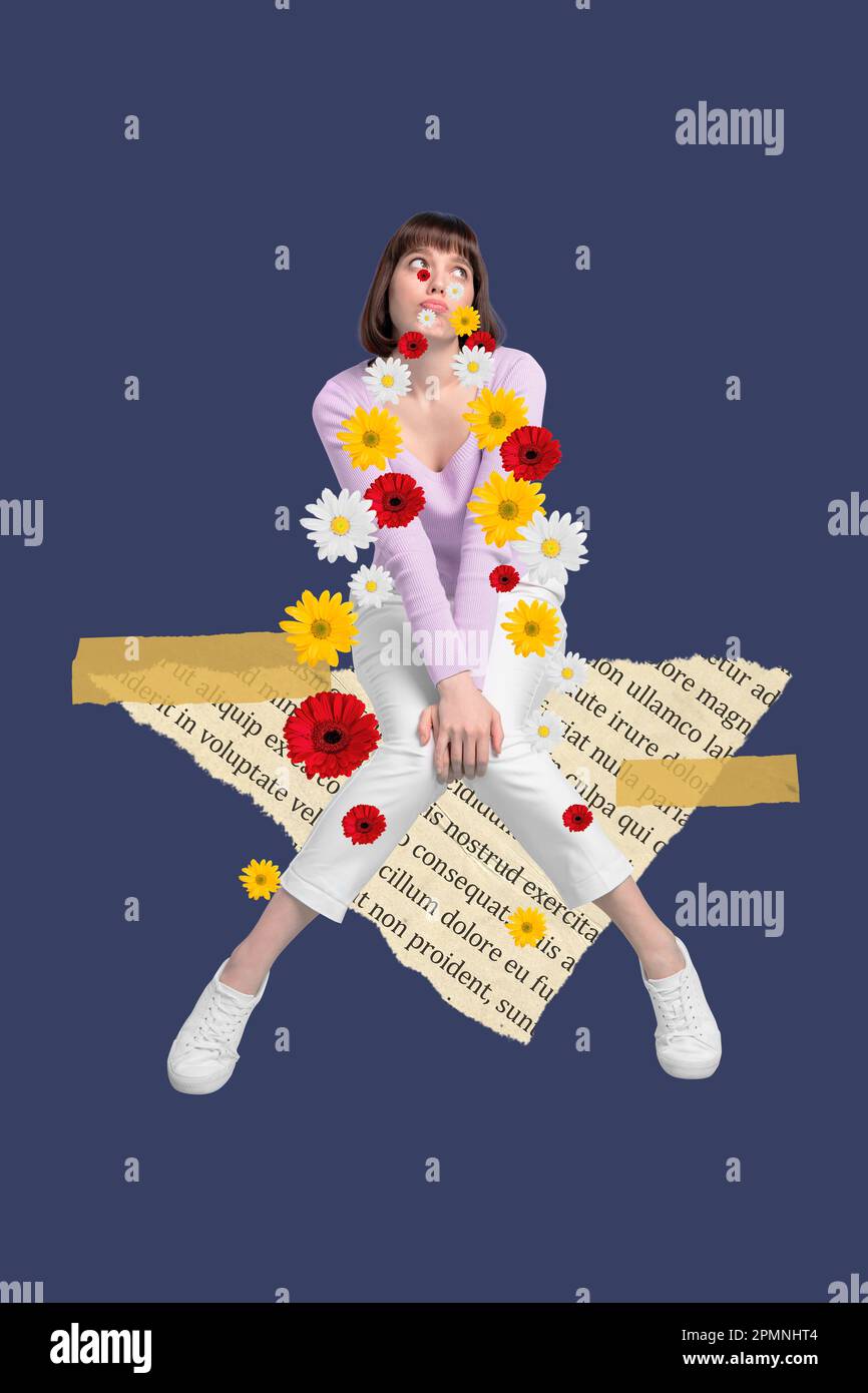 Photo collage artwork minimal picture of bored upset lady crying flower ...