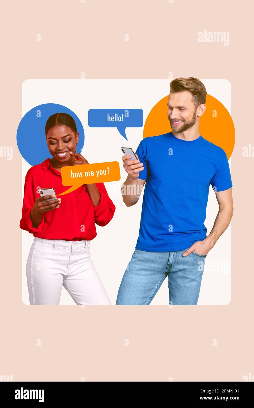 Artwork magazine collage picture of funny lady guy communicating dating ...