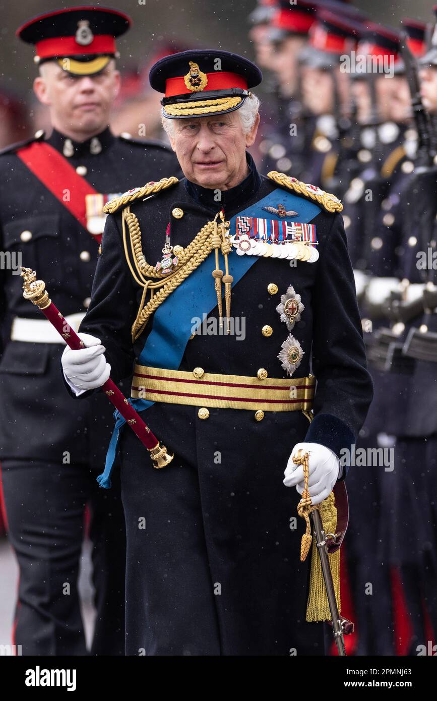 King Charles III inspects Officer Cadets on parade during the 200th ...