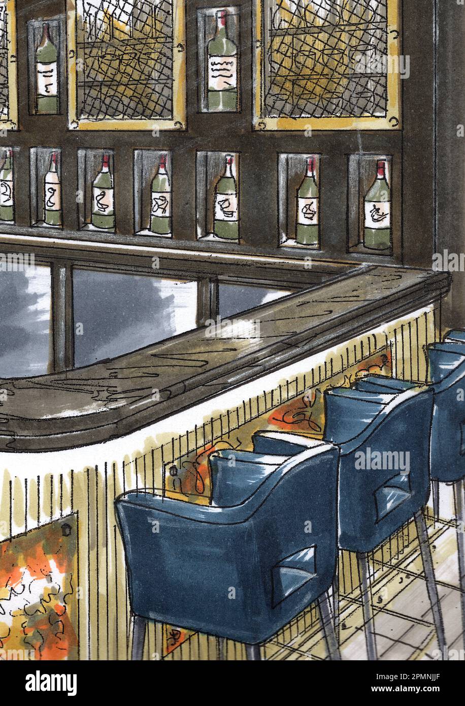 Interior detail sketch of a modern style bar Stock Photo - Alamy