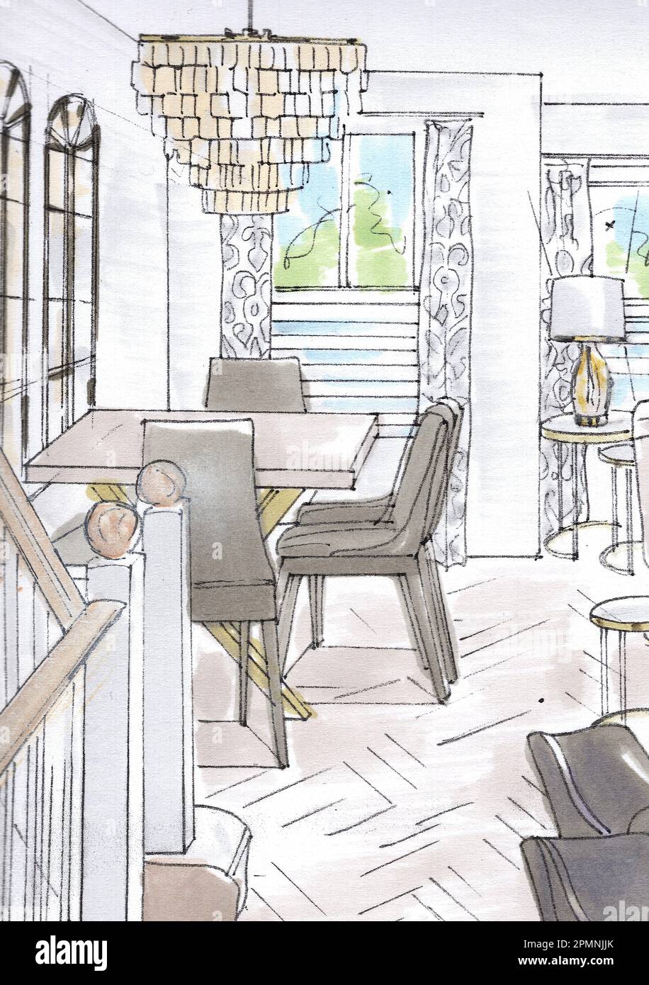 Interior detail sketch of a modern style dining room Stock Photo - Alamy