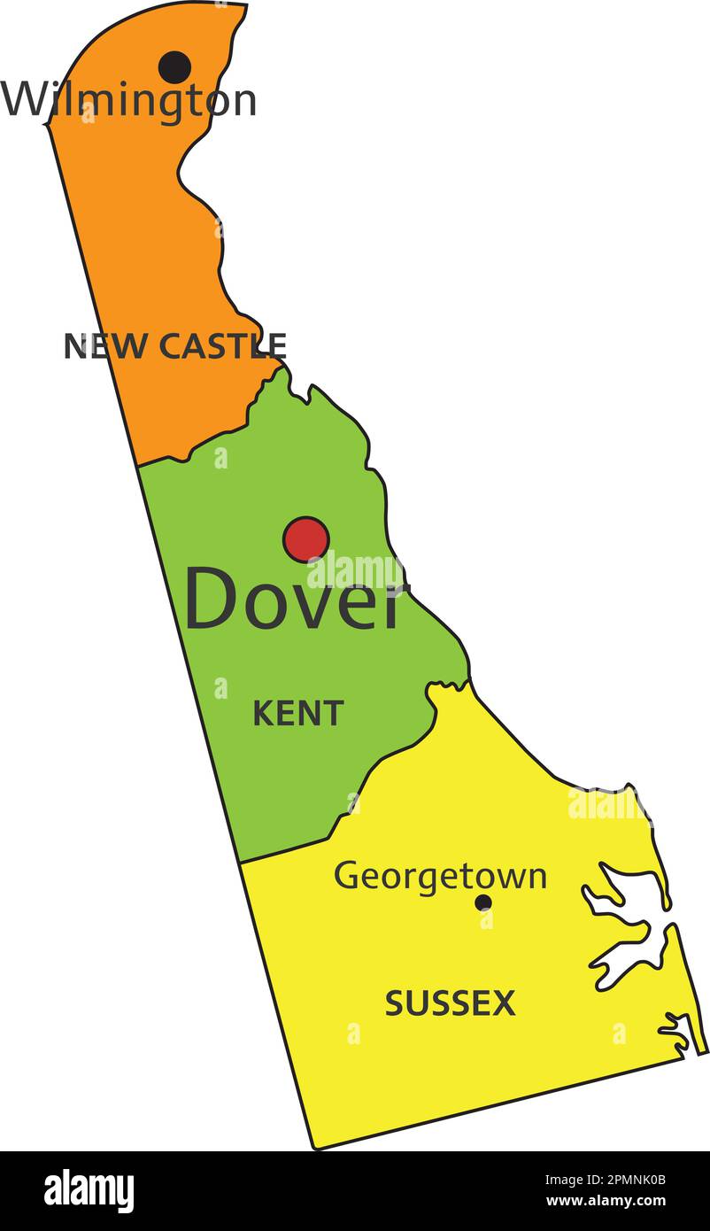 Colorful Delaware political map with clearly labeled, separated layers ...
