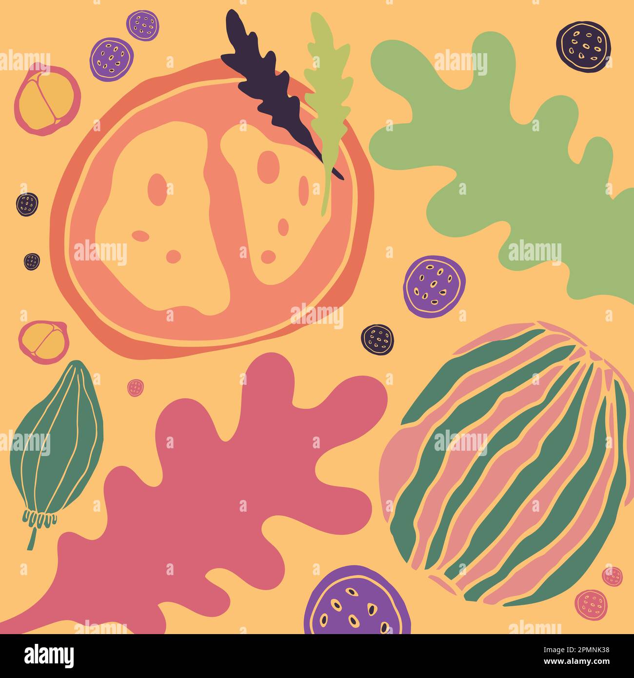 Hand drawn still life with different fruits on yellow background ...