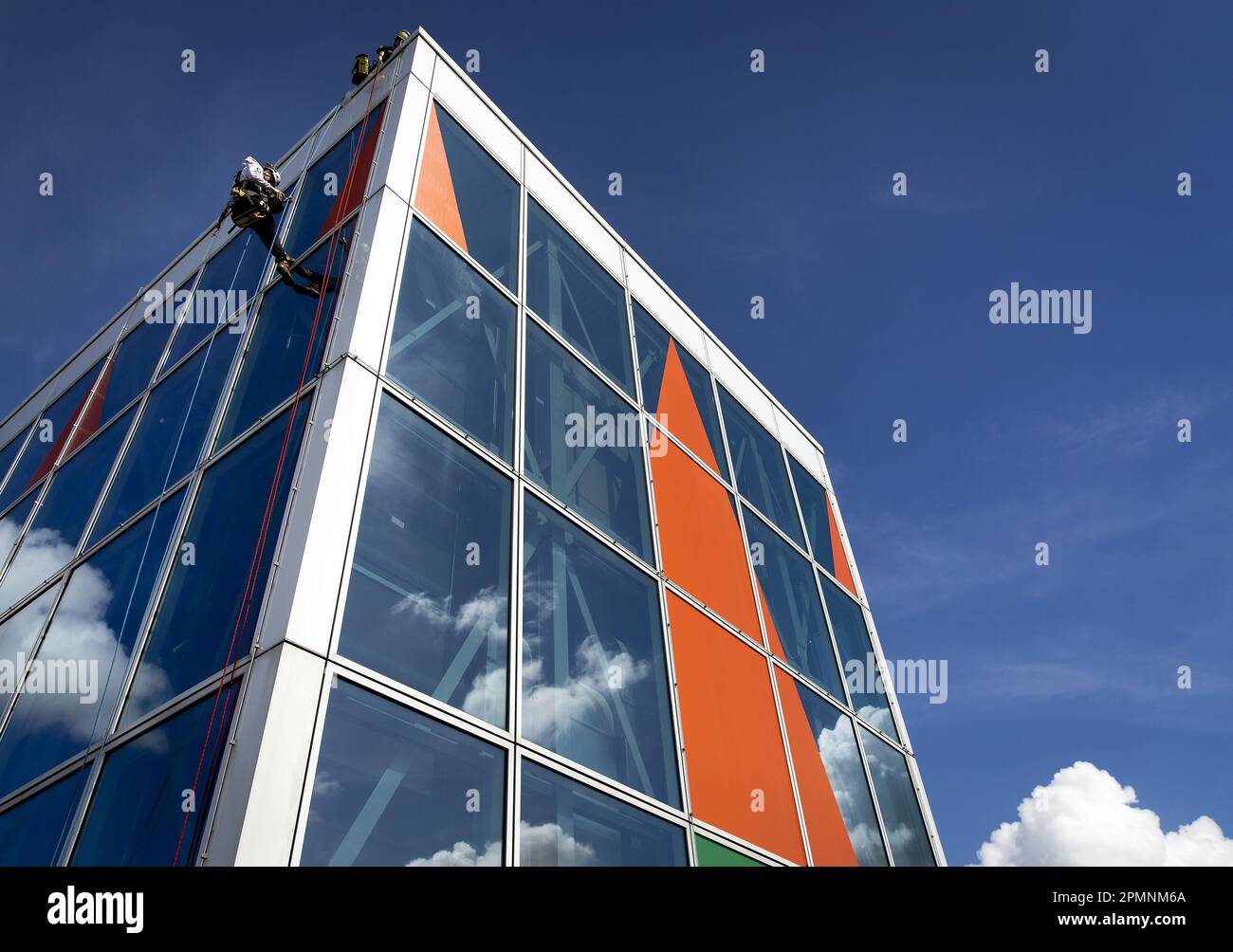 ROTTERDAM - Abseilers hang on the 57th floor of the Rotterdam ...