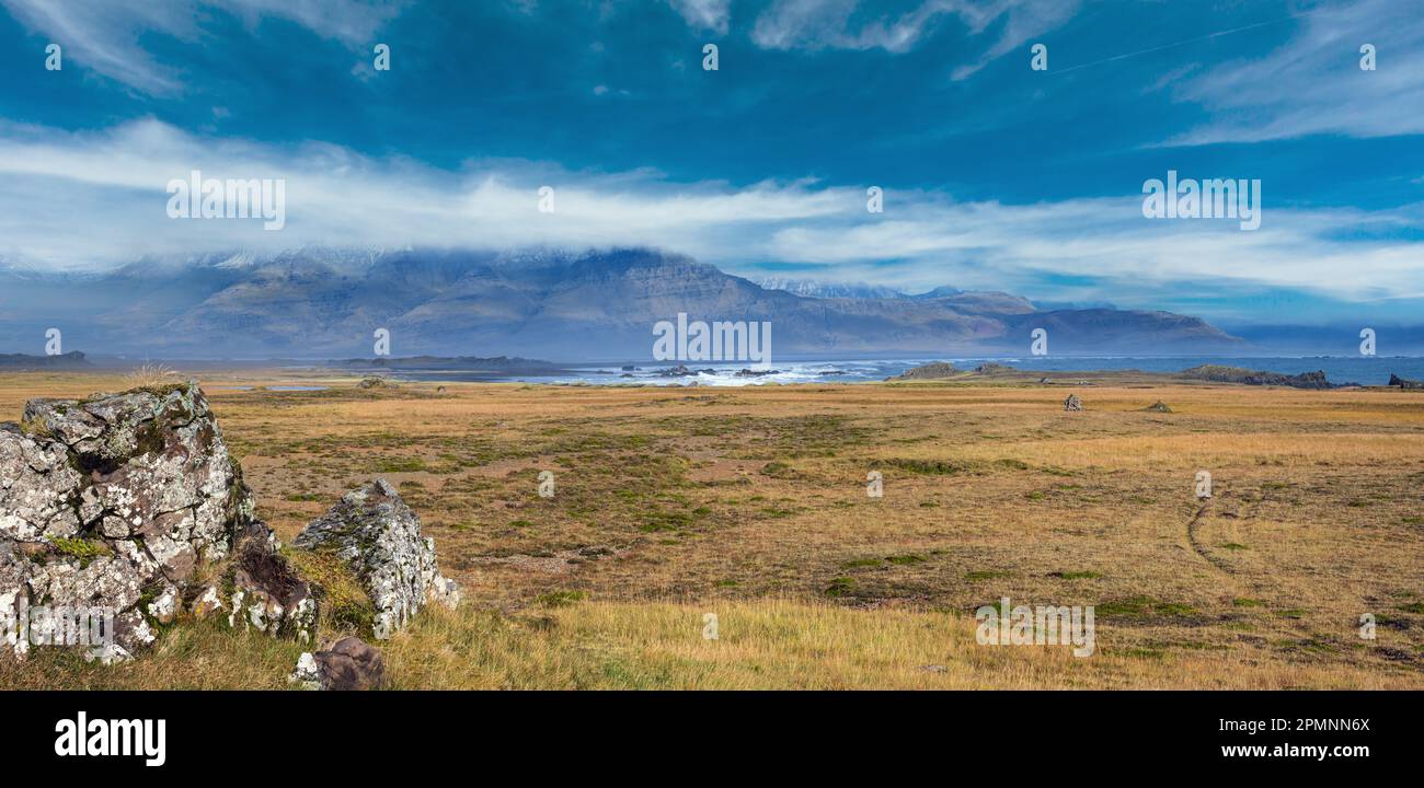 View during auto trip in Iceland. Spectacular Icelandic landscape with ...