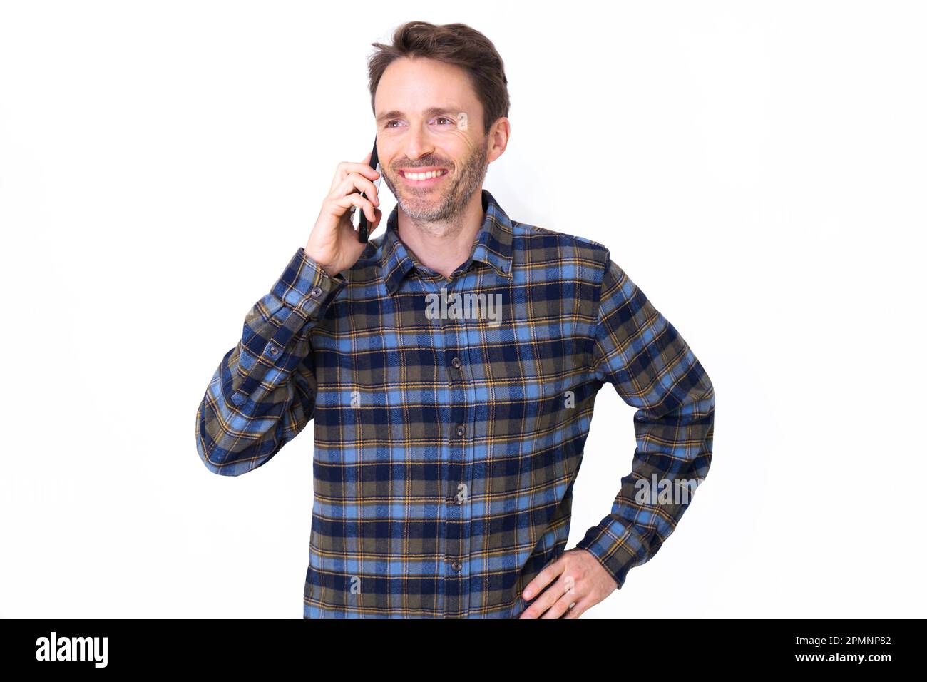 Adult hipster male model posing happy showing his smile while talking ...