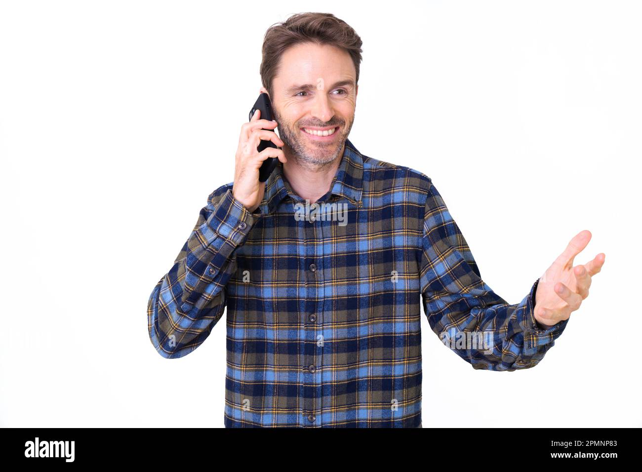 Adult hipster male model posing happy showing his smile while talking ...