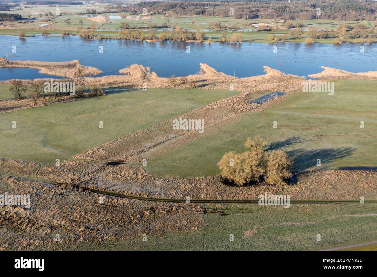 Aerial view of old dyke, flood protection, river Elbe near village ...
