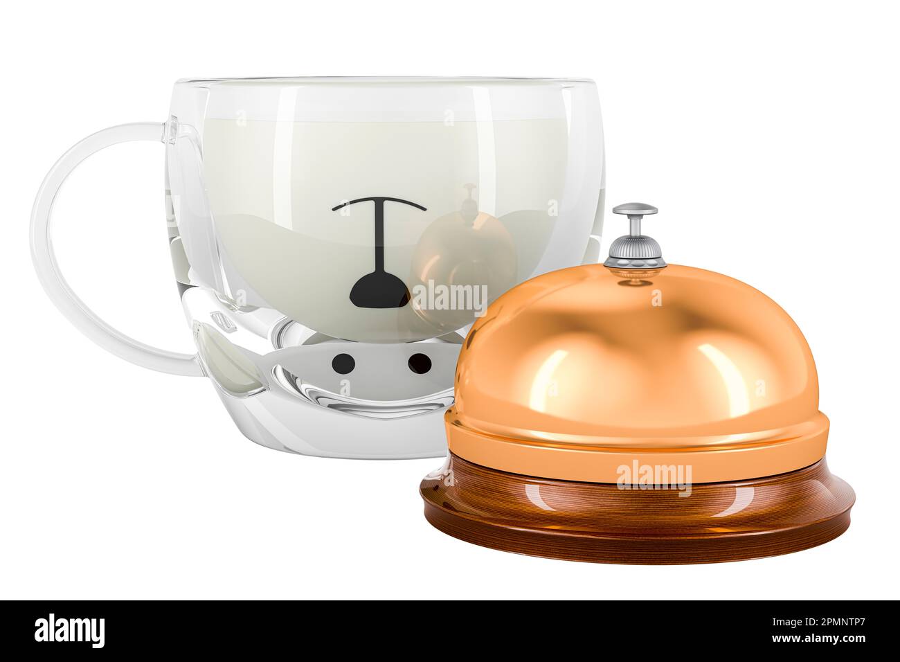 Bear tea cup full of milk with reception bell, 3D rendering isolated on ...