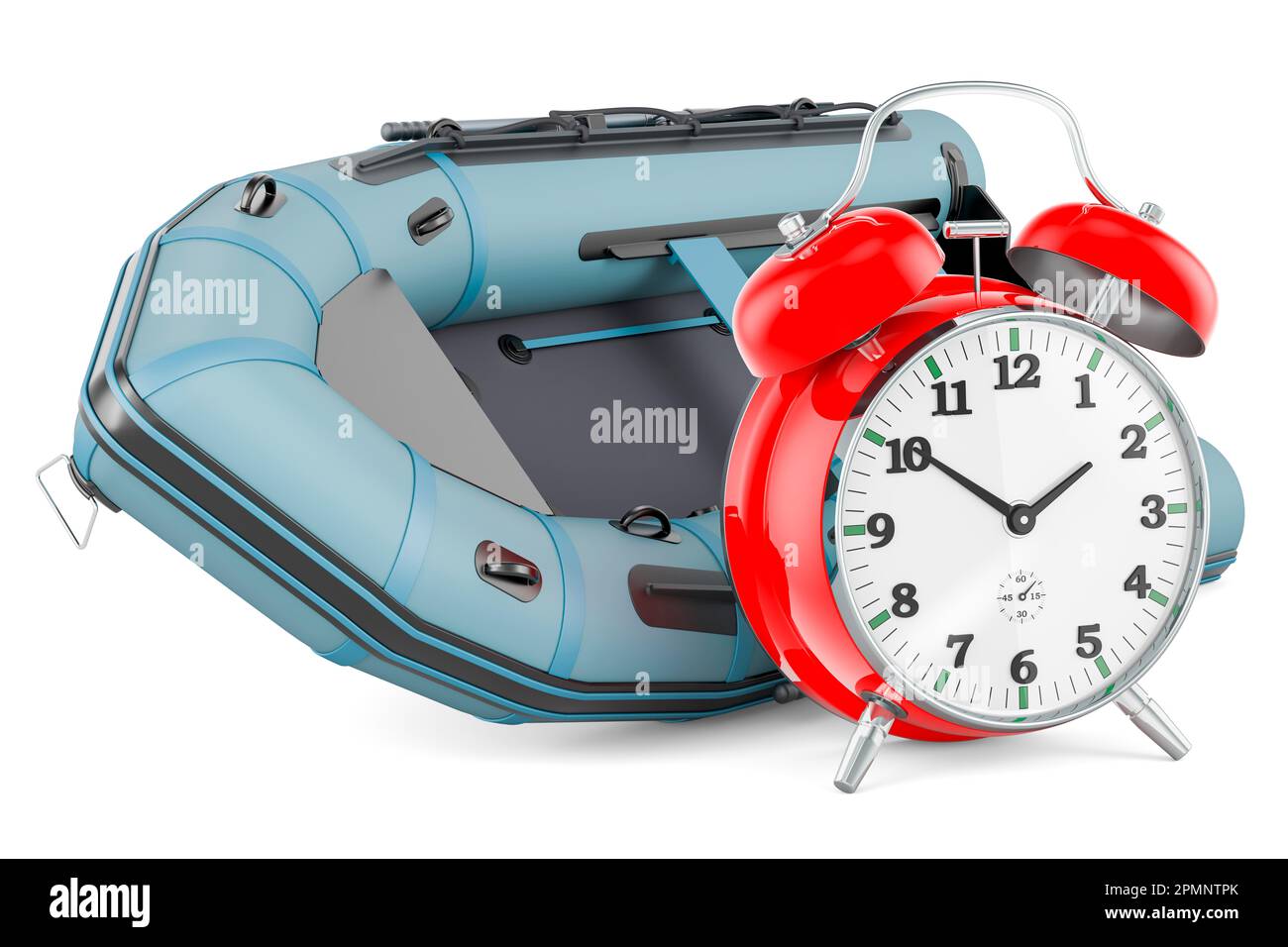 Inflatable boat with alarm clock, 3D rendering isolated on white ...