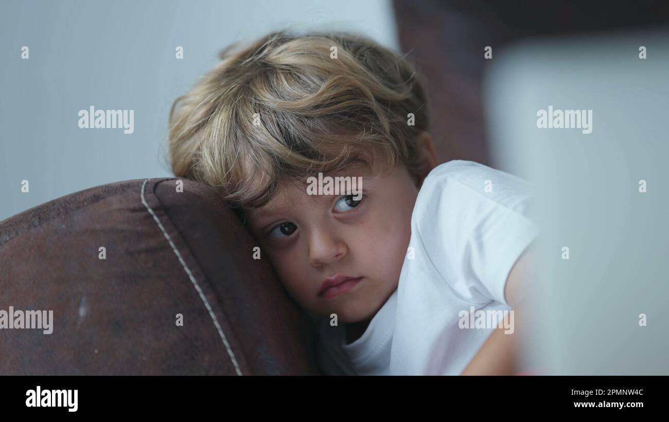 Closeup child face laying in sofa at home watching cartoon off camera ...
