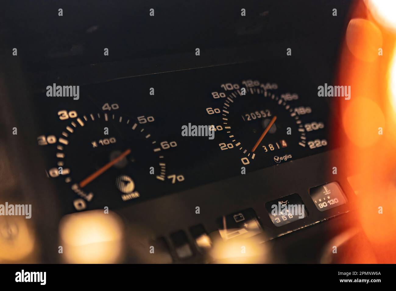 Milan, Italy 11 april 2023: Close-up of odometer and dashboard gauges ...