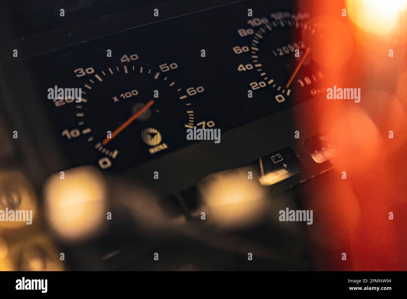 Milan, Italy 11 april 2023: Close-up of odometer and dashboard gauges ...