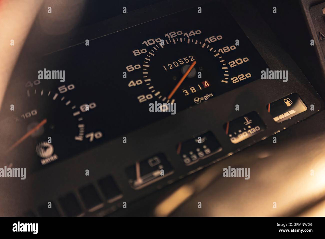 Milan, Italy 11 april 2023: Close-up of odometer and dashboard gauges ...