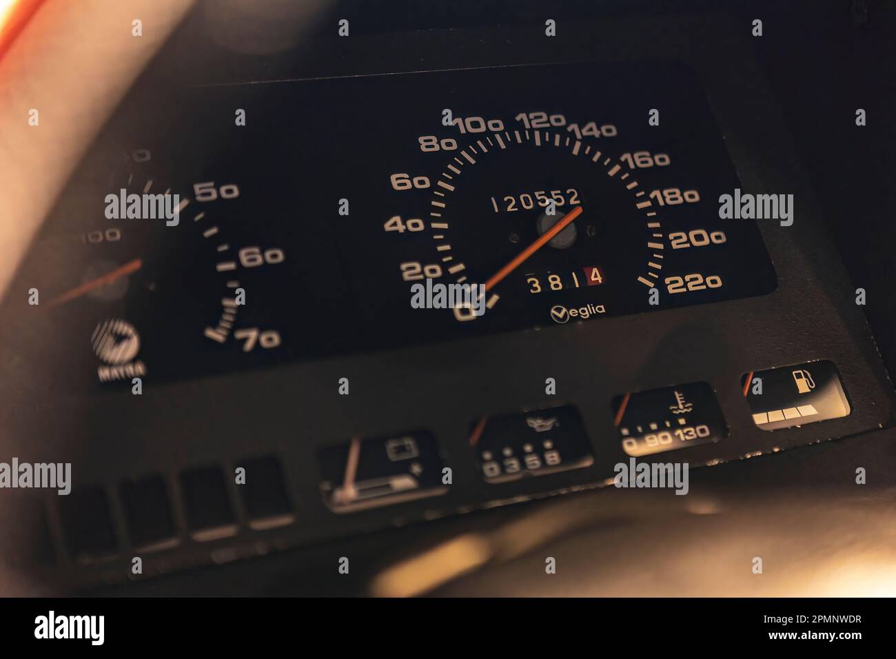 Milan, Italy 11 april 2023: Close-up of odometer and dashboard gauges ...