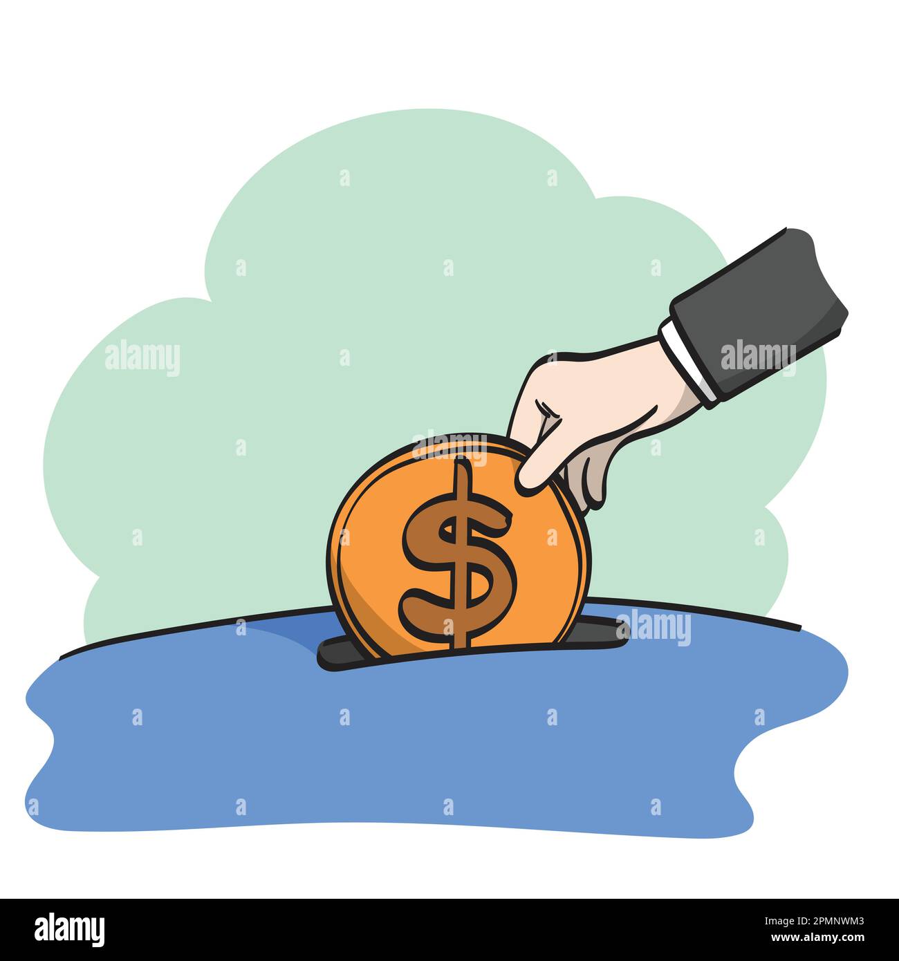 closeup hand of businessman putting coin into piggy bank hole ...