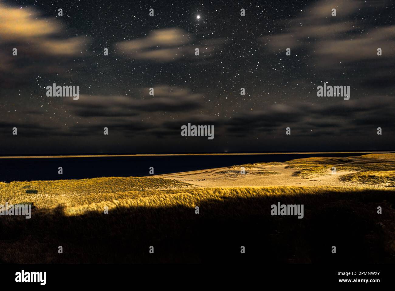 A landscape of a beach under a starry sky in Cape Cod, Massachusets ...