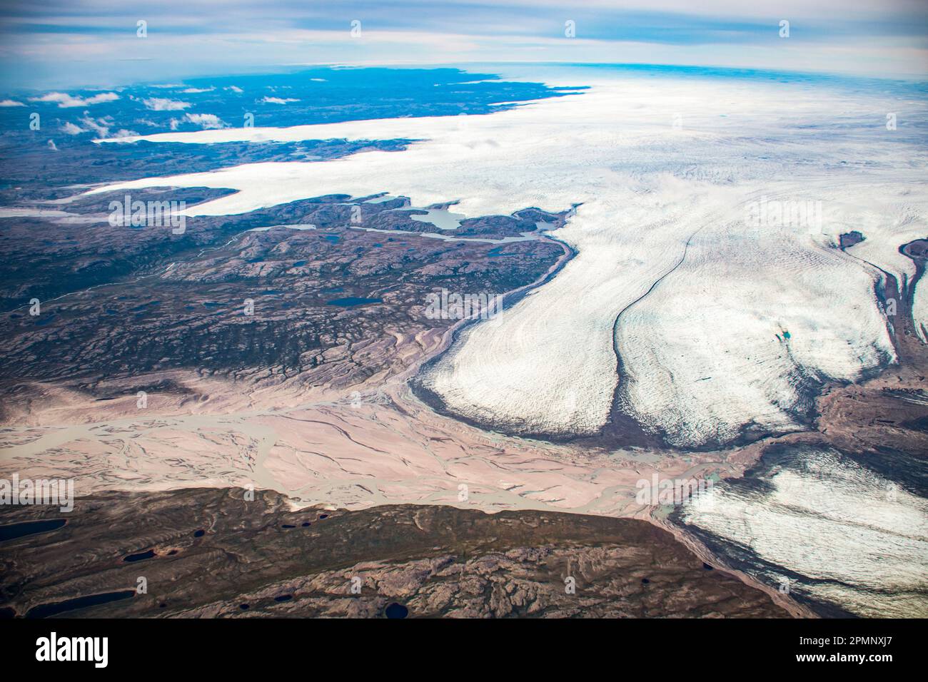 Aerial view of Greenland ice sheet and vast landscape; Ilulissat ...