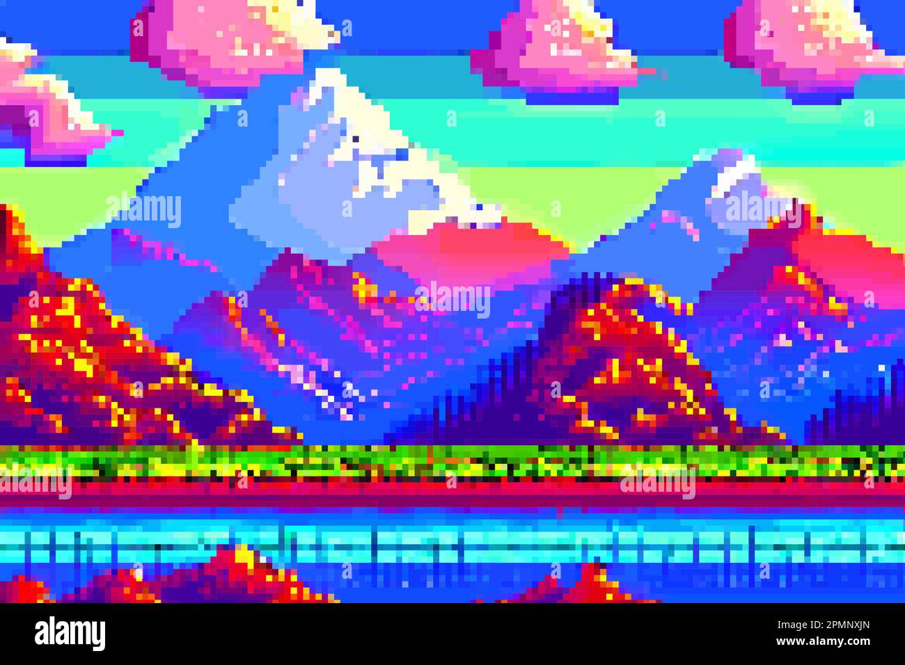 Landscape 8bit pixel art. Summer natural landscape mountain Stock ...