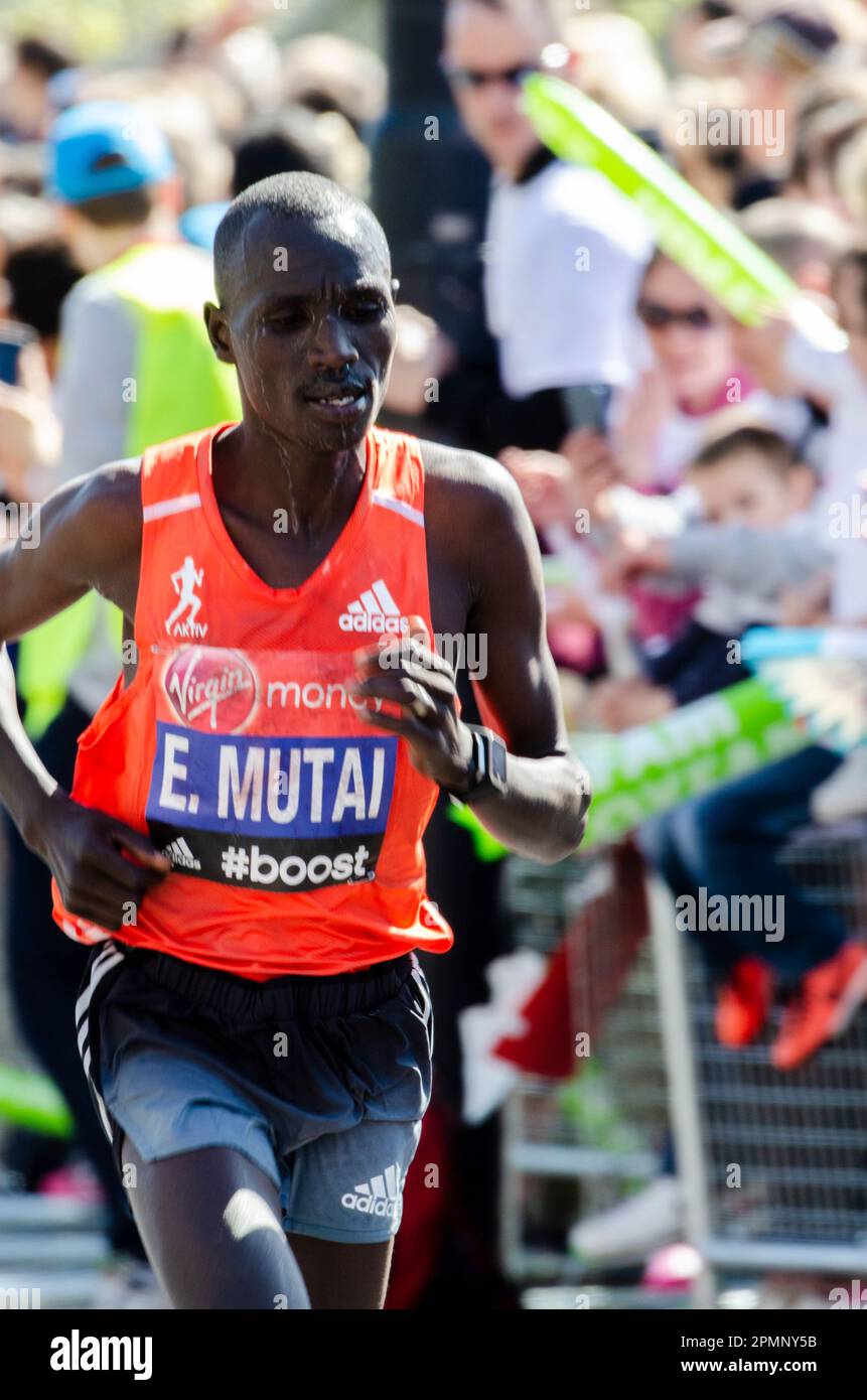 Emmanuel Kipchirchir Mutai competing in the London Marathon 2014 ...