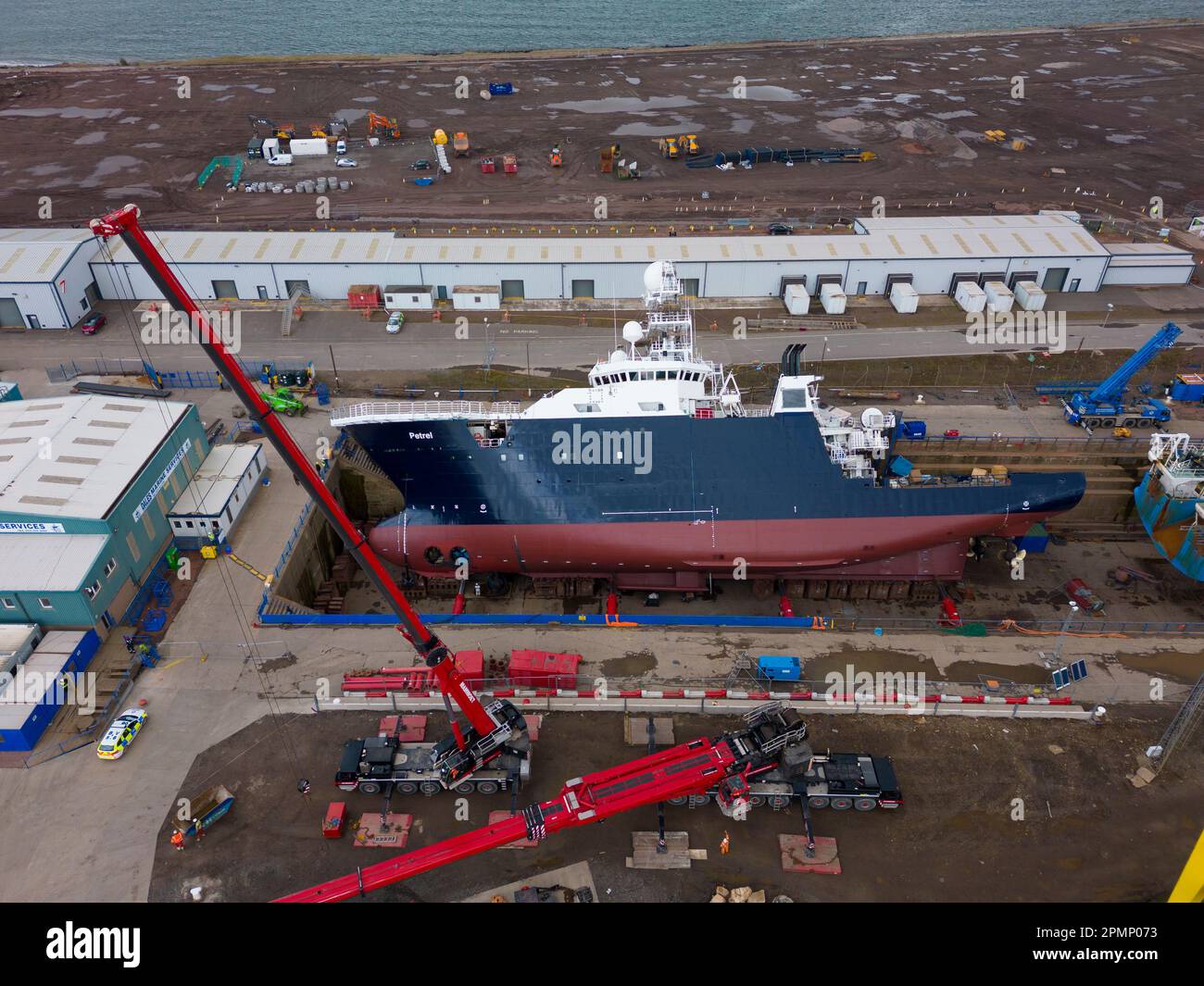 Edinburgh, Scotland, UK. 14 April 2023. Aerial view of RV Petrel which ...
