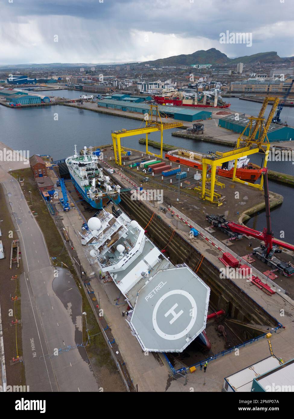 Edinburgh, Scotland, UK. 14 April 2023. Aerial view of RV Petrel which ...