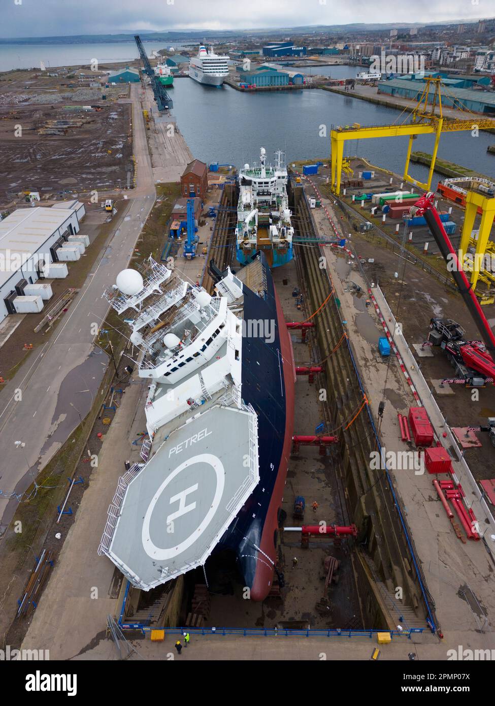 Edinburgh, Scotland, UK. 14 April 2023. Aerial view of RV Petrel which ...