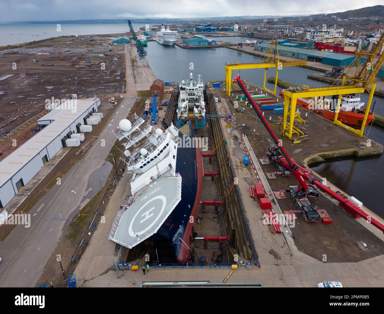 Edinburgh, Scotland, UK. 14 April 2023. Aerial view of RV Petrel which ...