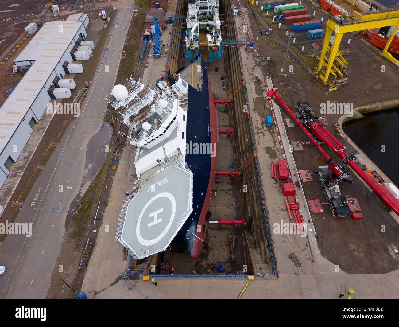 Edinburgh, Scotland, UK. 14 April 2023. Aerial view of RV Petrel which ...