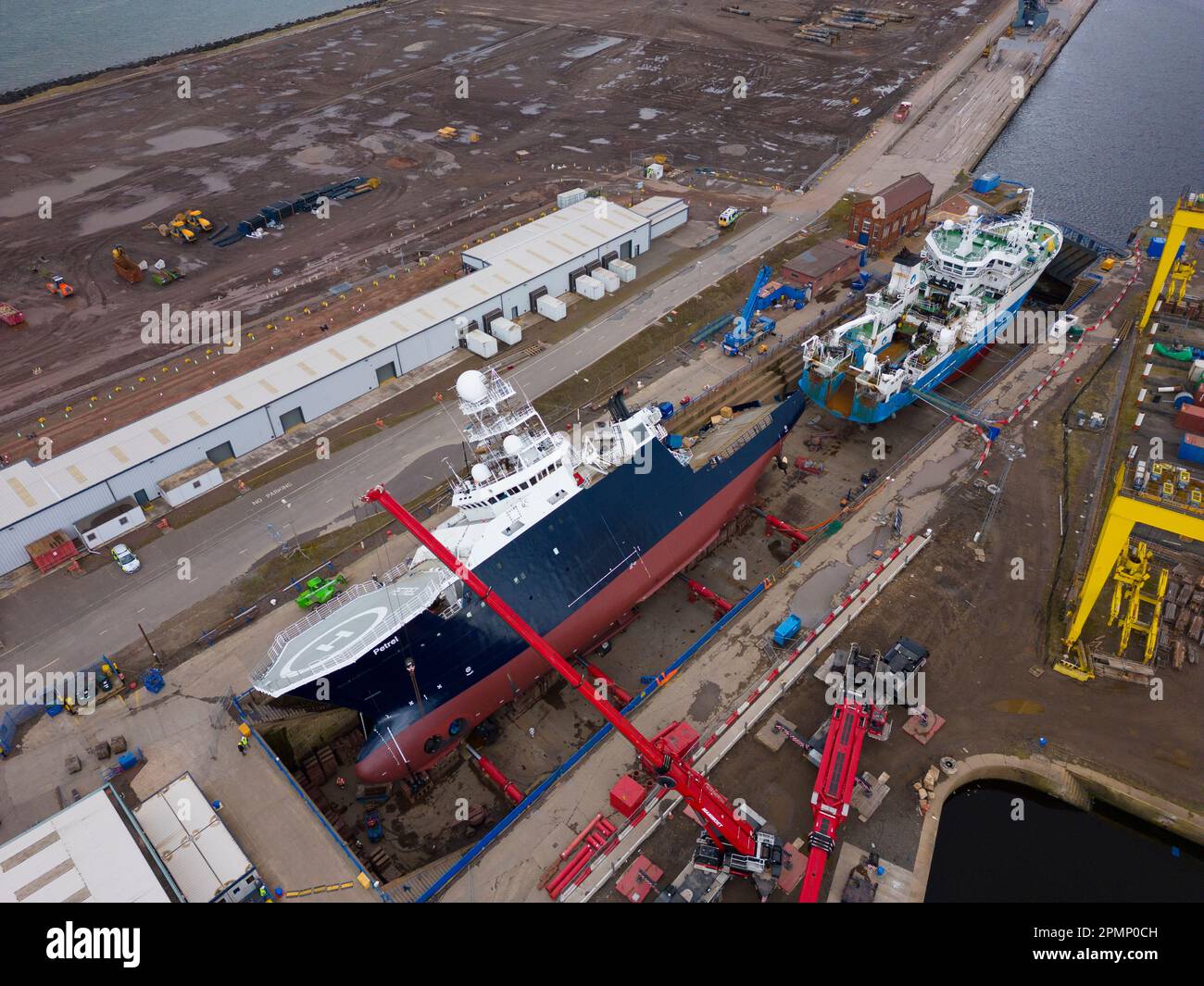 Edinburgh, Scotland, UK. 14 April 2023. Aerial view of RV Petrel which ...