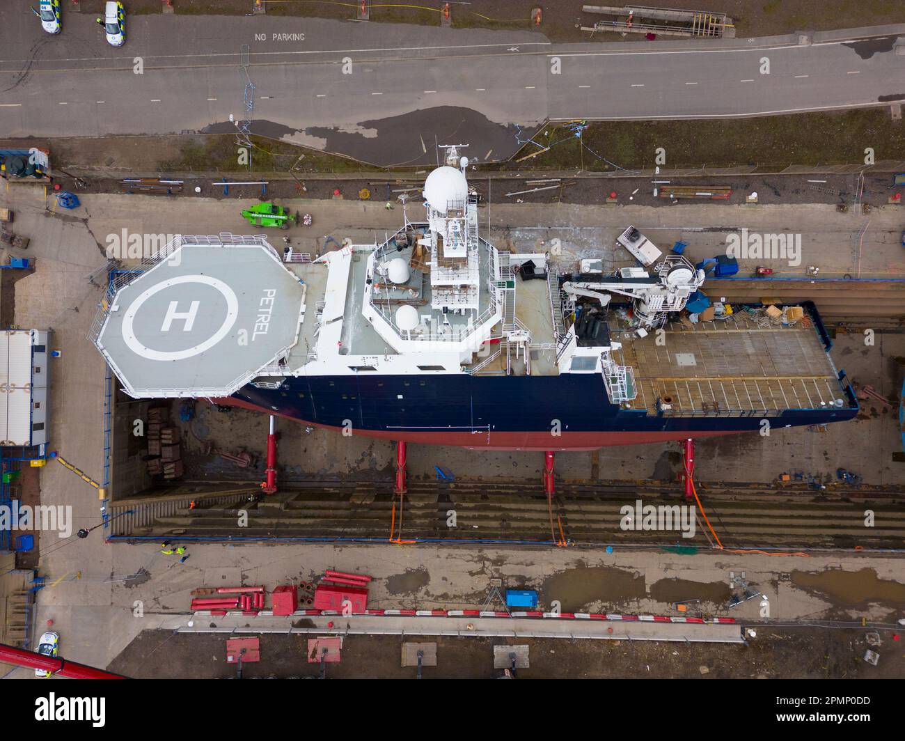 Edinburgh, Scotland, UK. 14 April 2023. Aerial view of RV Petrel which ...
