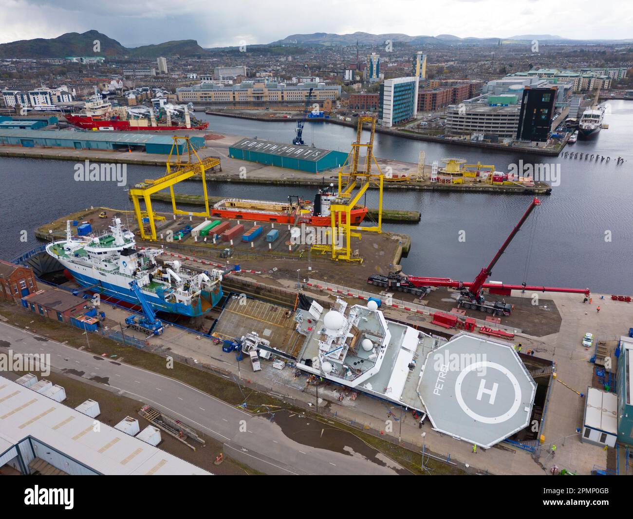 Edinburgh, Scotland, UK. 14 April 2023. Aerial view of RV Petrel which ...