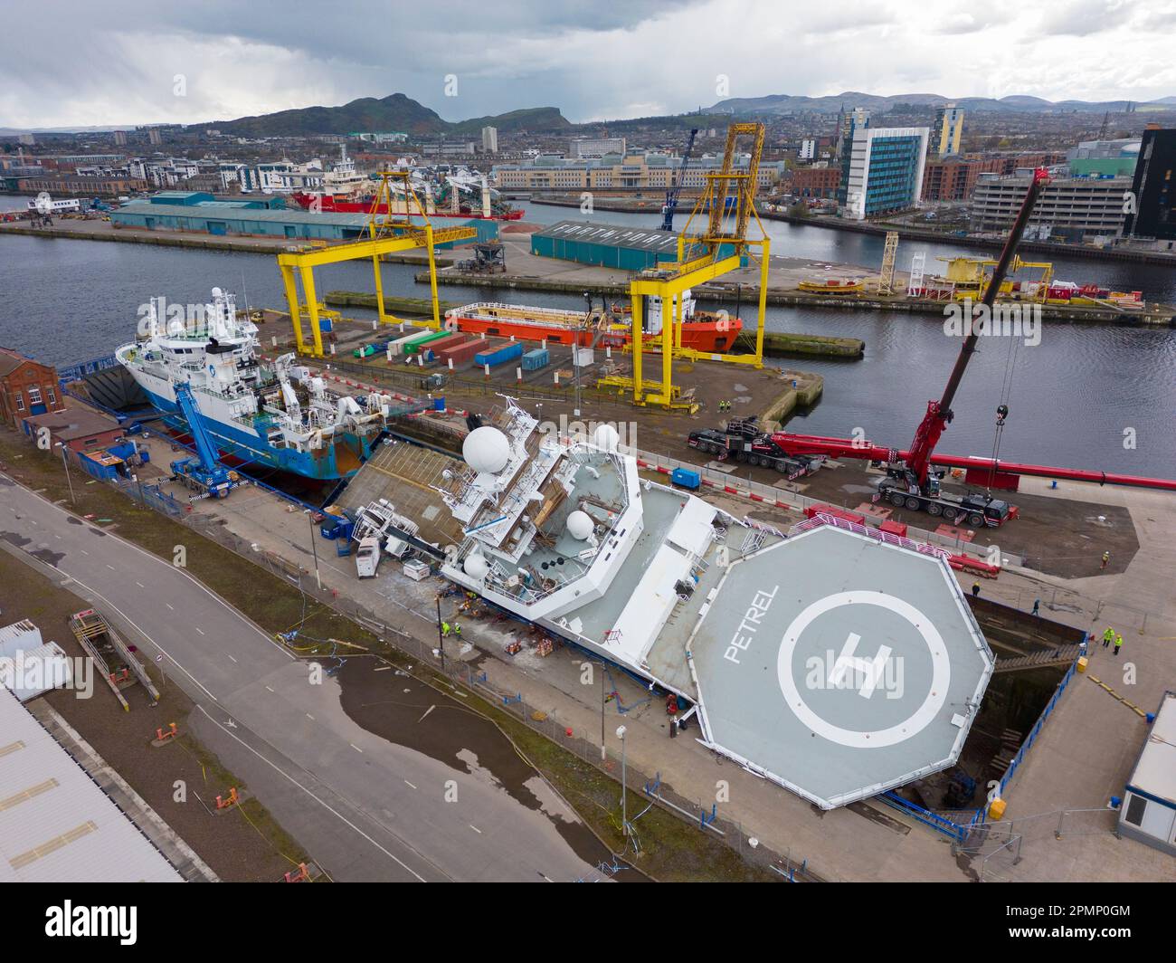 Edinburgh, Scotland, UK. 14 April 2023. Aerial view of RV Petrel which ...