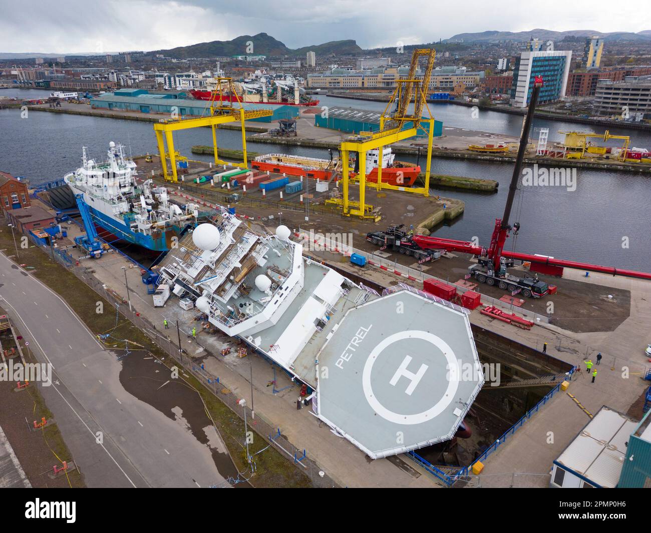 Edinburgh, Scotland, UK. 14 April 2023. Aerial view of RV Petrel which ...
