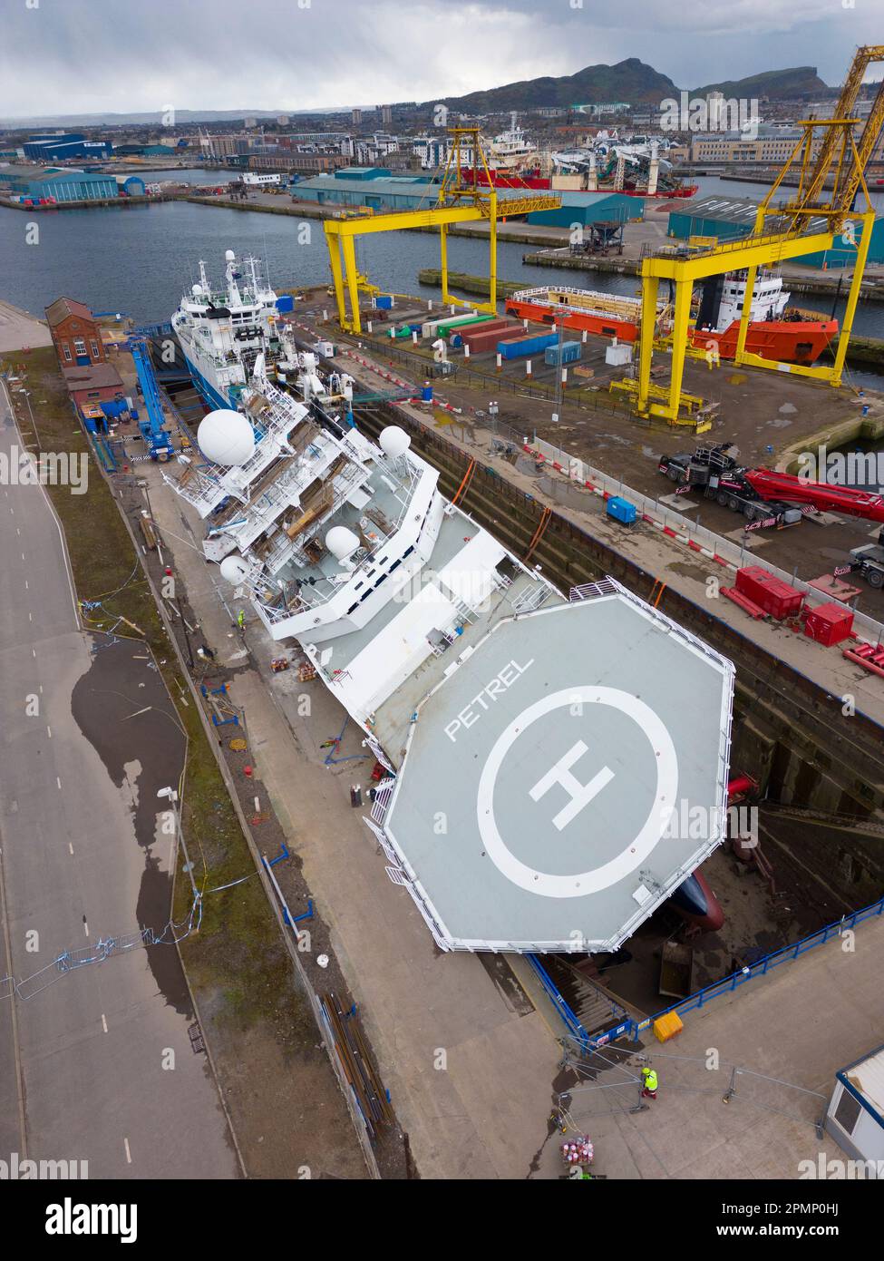 Edinburgh, Scotland, UK. 14 April 2023. Aerial view of RV Petrel which ...